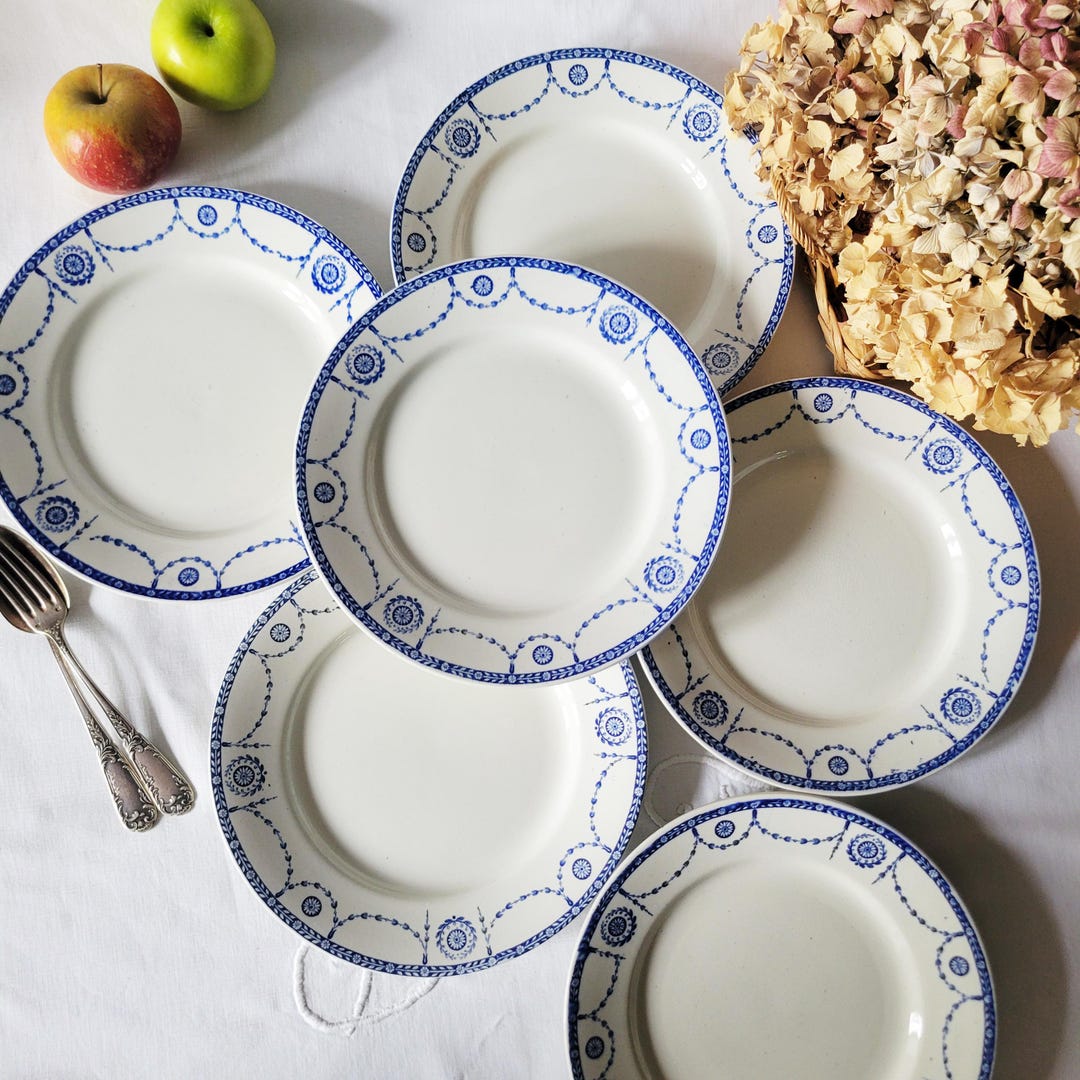 Antique French Dinner Plates Set: Blue Transferware Neoclassical ...