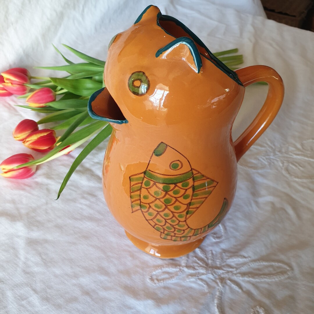 Cat Shaped Vase, Folk Art Zoomorphic Large Decorative Jug, Hand Painted ...