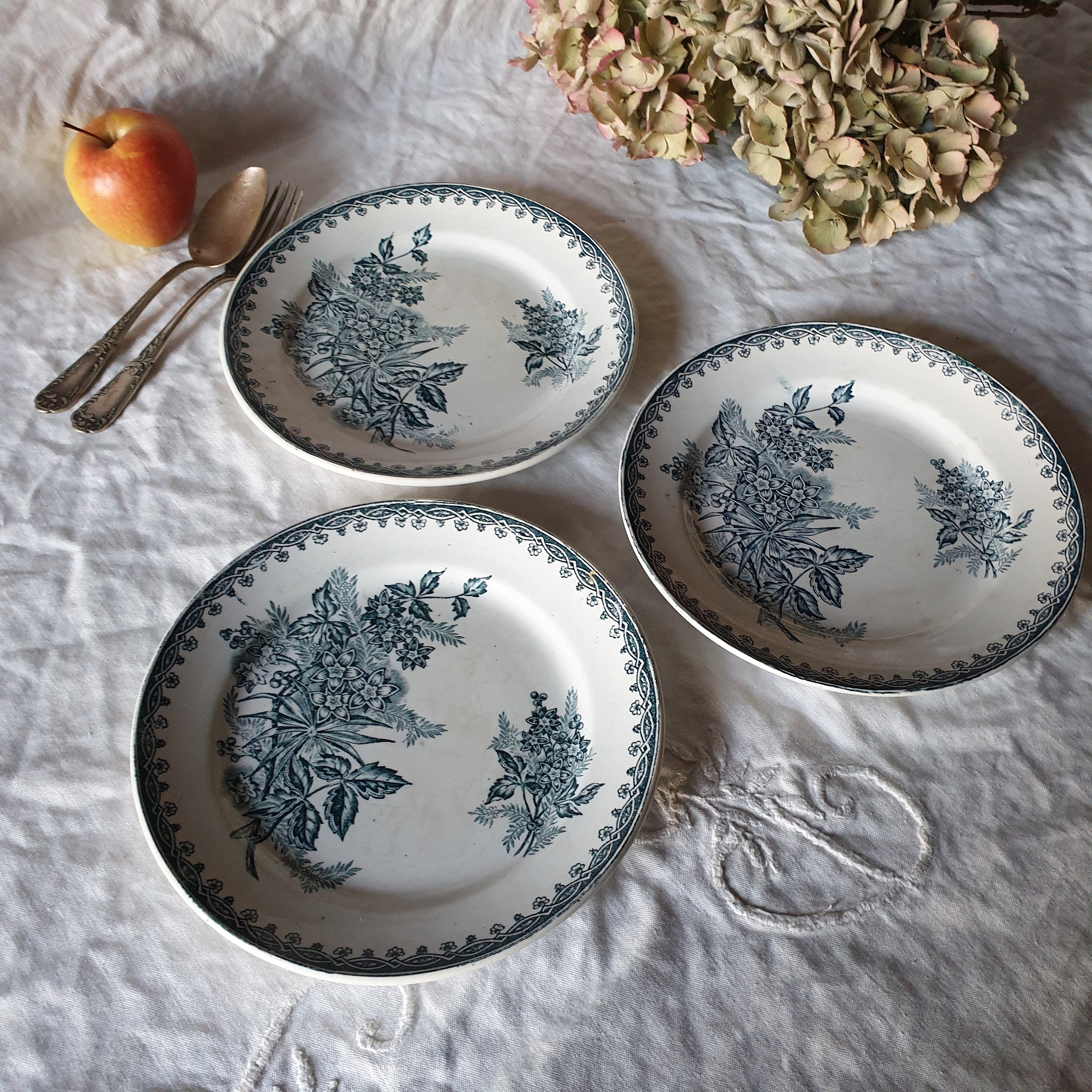 French Antique Dinner Plate in Teal Blue Transferware W Daisy | Etsy