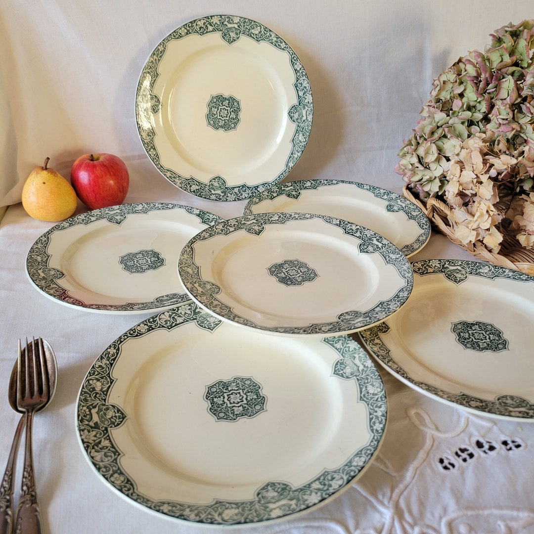 SET 6 Antique Dinner Plates Teal Green Transferware on Ivory Ground ...