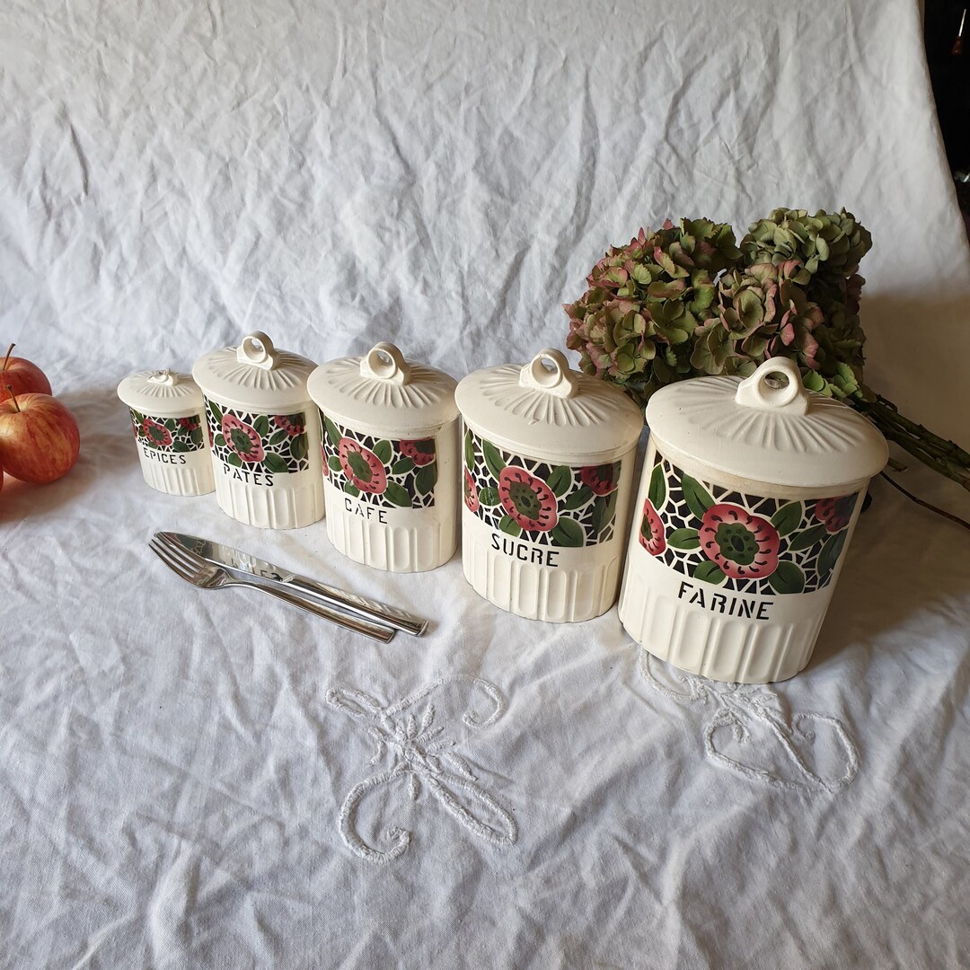 Set of 5 French Vintage Floral Canisters C 1920 Farmhouse Style, in ...