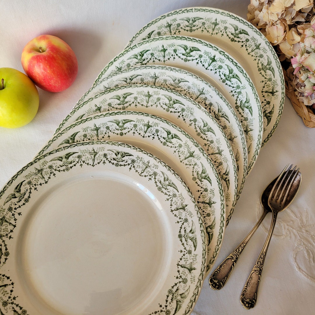 Antique French Transferware Dinner Plates Set of 6: Empire Style, Birds ...