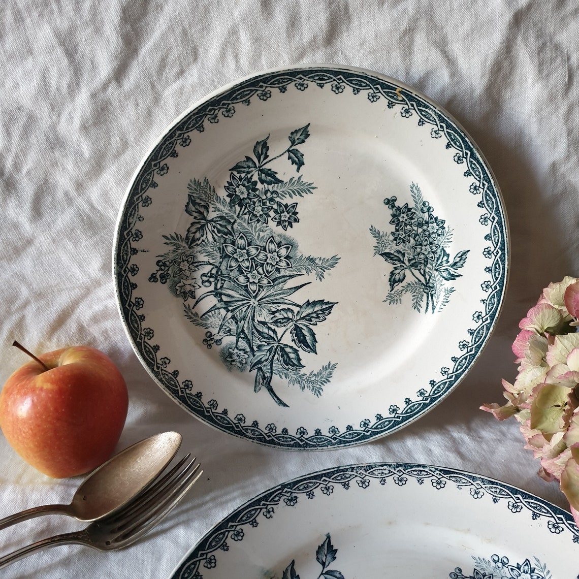 French Antique Dinner Plate in Teal Blue Transferware W Daisy | Etsy
