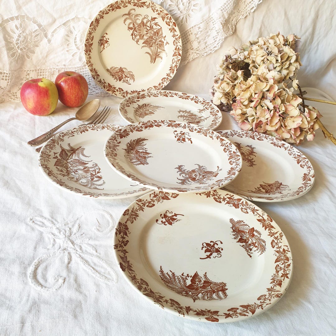 Set 6 French Antique Breakfast Plates Brown Transferware C1880 ...