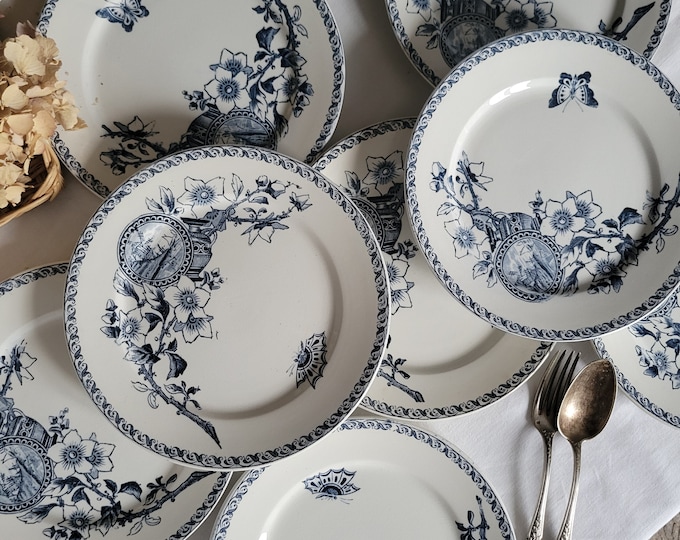 Sarreguemines Blue Transferware Side Plates, Set of 8 Antique French ...