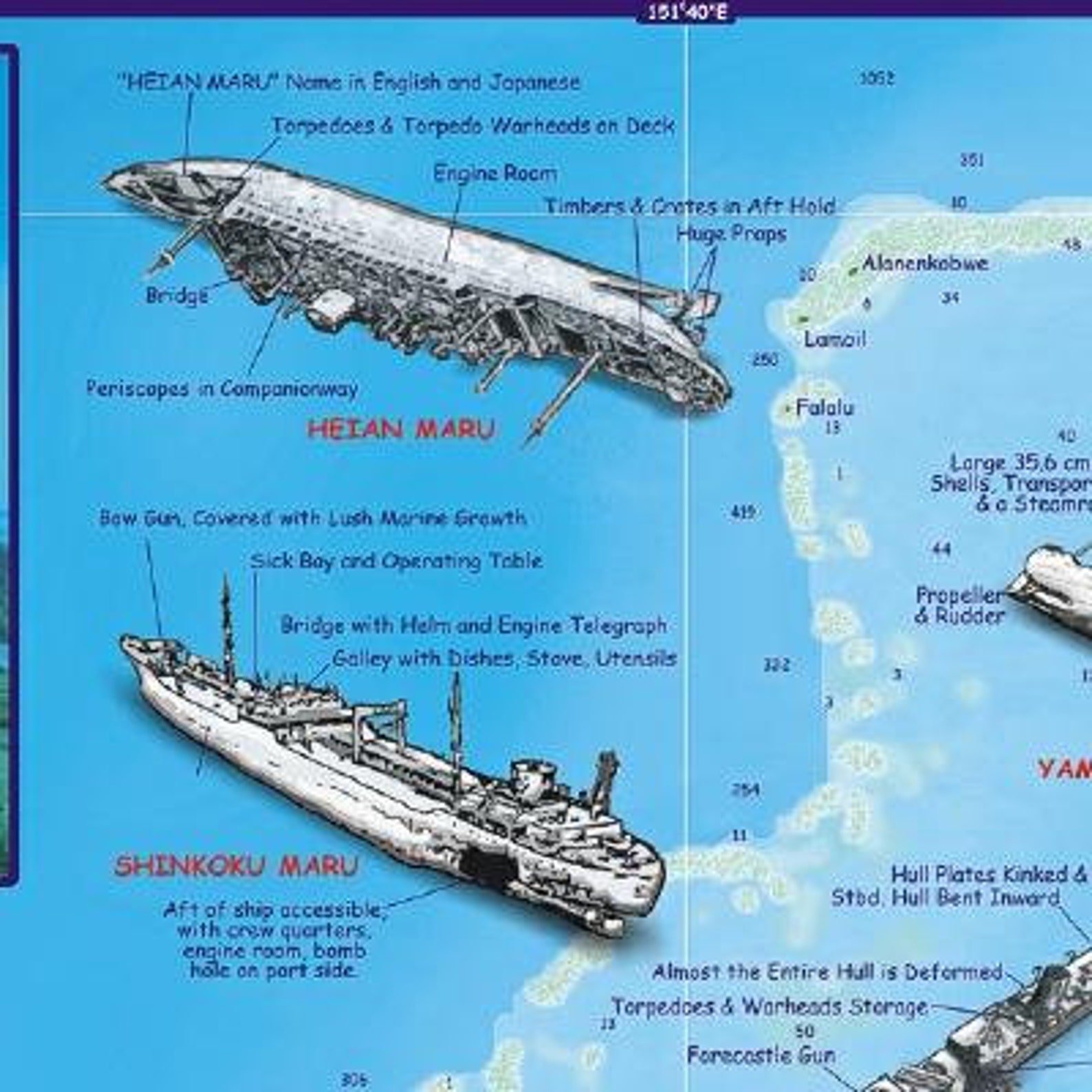 Chuuk (truk) Lagoon Dive & Wreck Wall Map, Operation Hailstone WWII ...