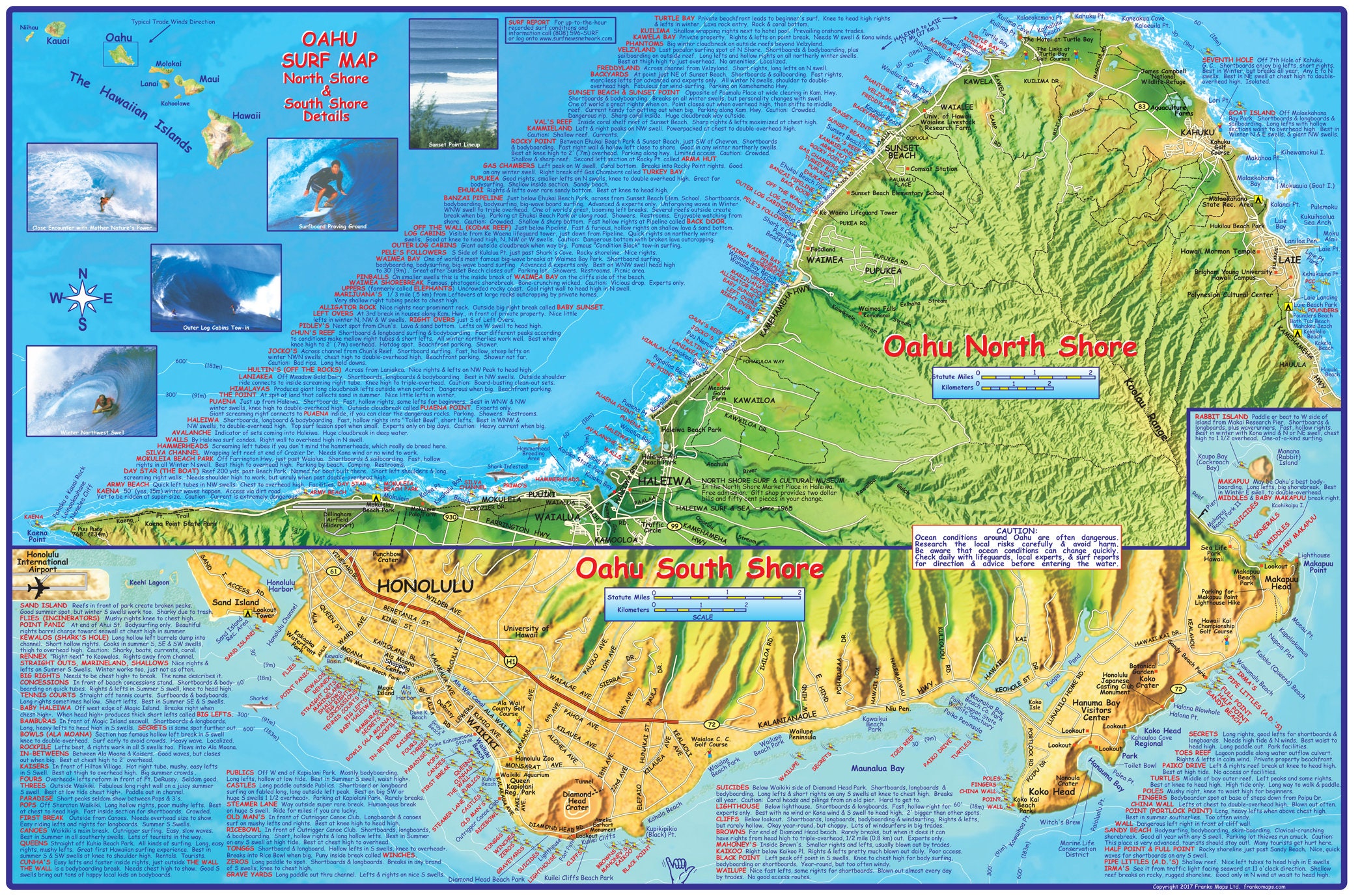 Surfing Oahu Laminated Wall Map - Etsy