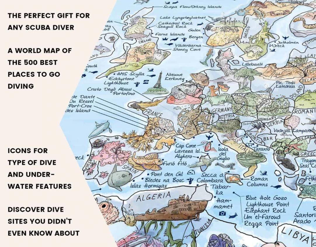World Dive Wall Map Hand Drawn Poster of SCUBA Diving Sites Around the ...
