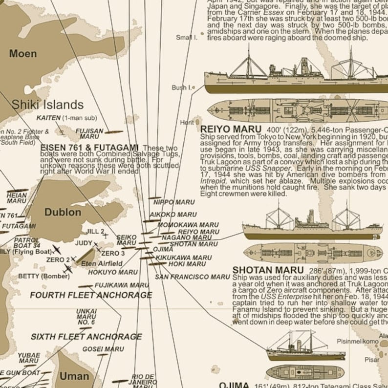 Chuuk truk Lagoon Dive & Wreck Wall Map Operation Hailstone - Etsy