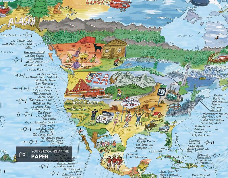 World Surfing Wall Map Hand Drawn Poster of Surf Sites - Etsy