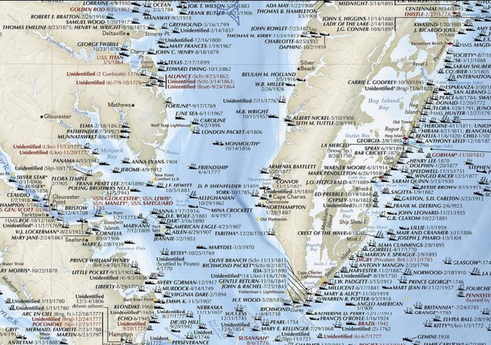 Shipwrecks of Delmarva Wall Map Chesapeake Bay, Delaware, Maryland ...