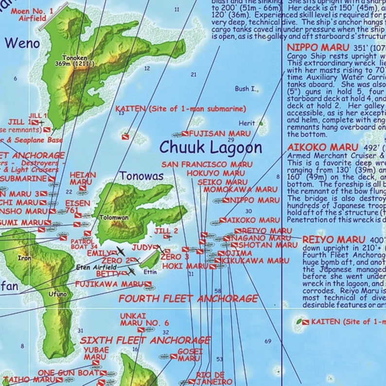 Chuuk (truk) Lagoon Dive & Wreck Wall Map, Operation Hailstone WWII ...