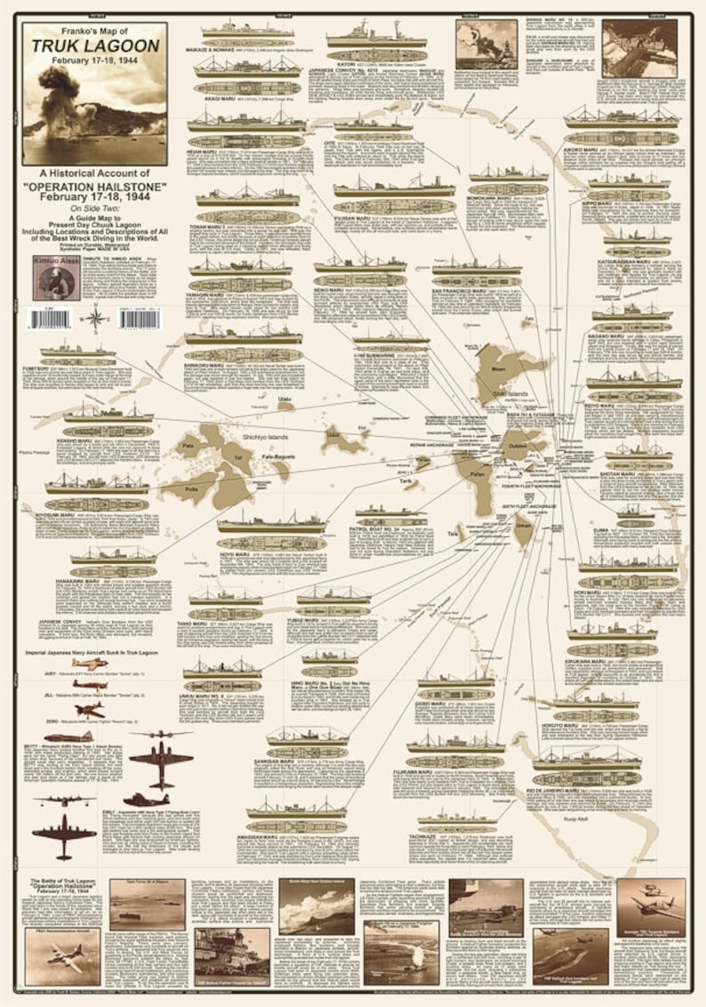 Chuuk (truk) Lagoon Dive & Wreck Wall Map, Operation Hailstone WWII ...