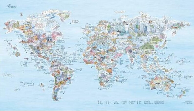 World Dive Wall Map Hand Drawn Poster of SCUBA Diving Sites Around the ...