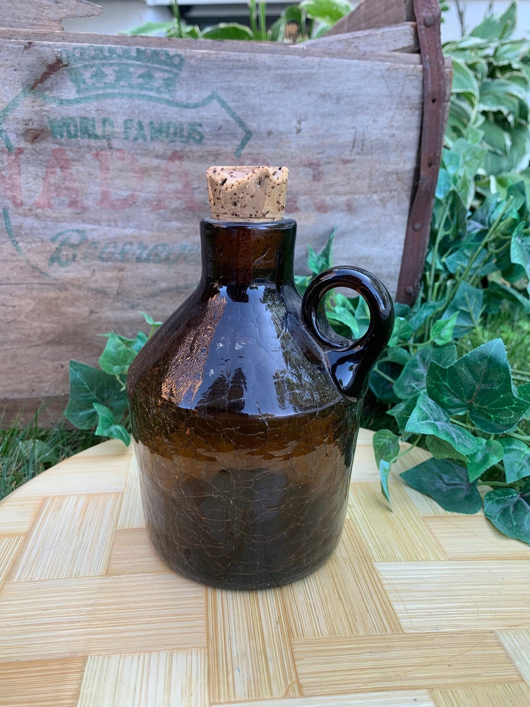 Vintage Glass Crackled Jug With Cork - Etsy