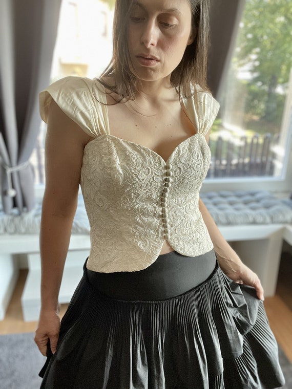 1970s French boutique ivory cream silk taffeta lace e… - Gem