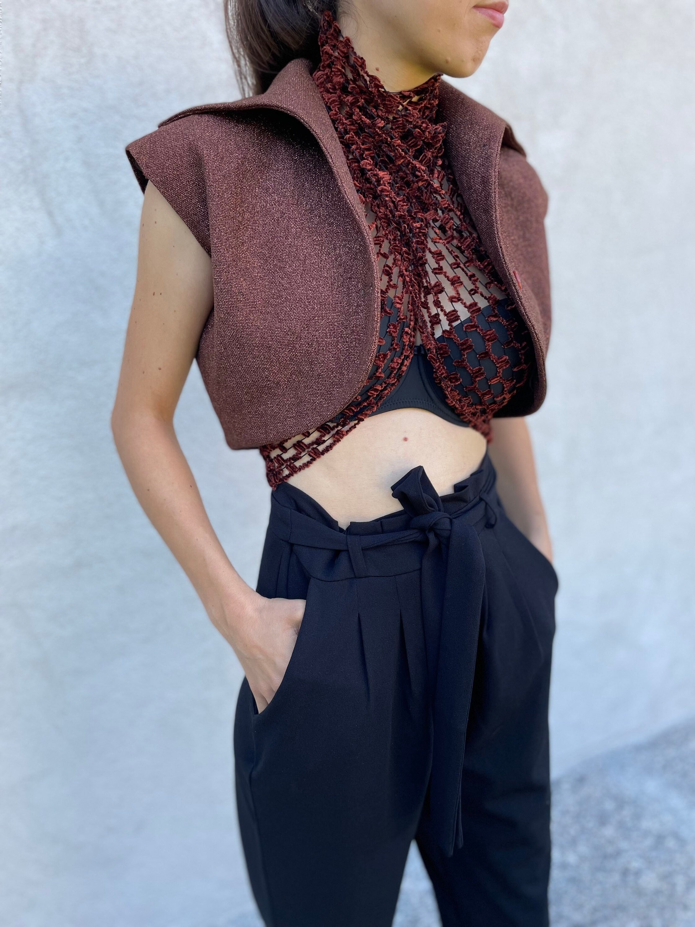 1990s Romeo Gigli Rust Twin Set Lace Fishnet Velvet Shirt, Wrap Around ...