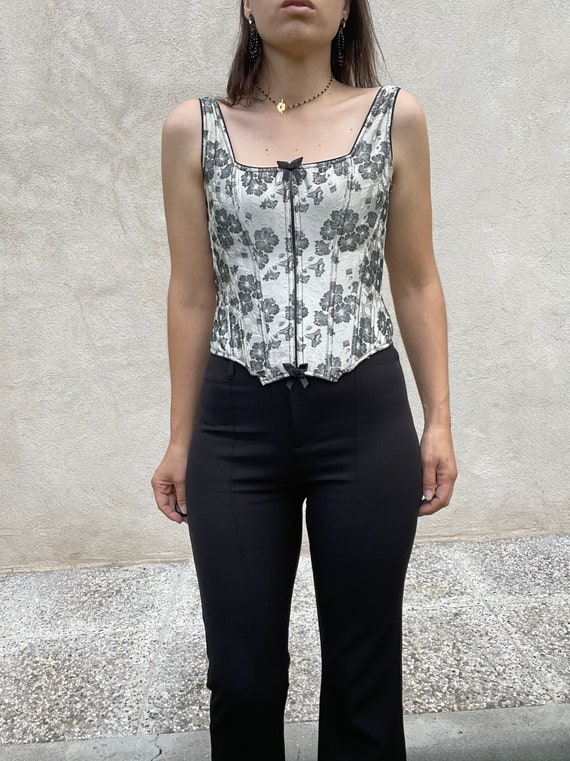 1990s Valentino black and white floral bustier corset… - Gem