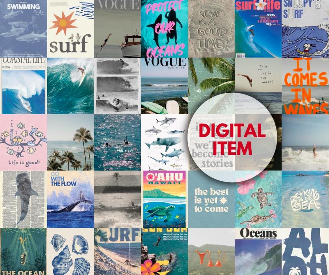 50 PCS Beachy Ocean Wall Collage Kit: Surfing, Blue, Hawaii, Summer ...