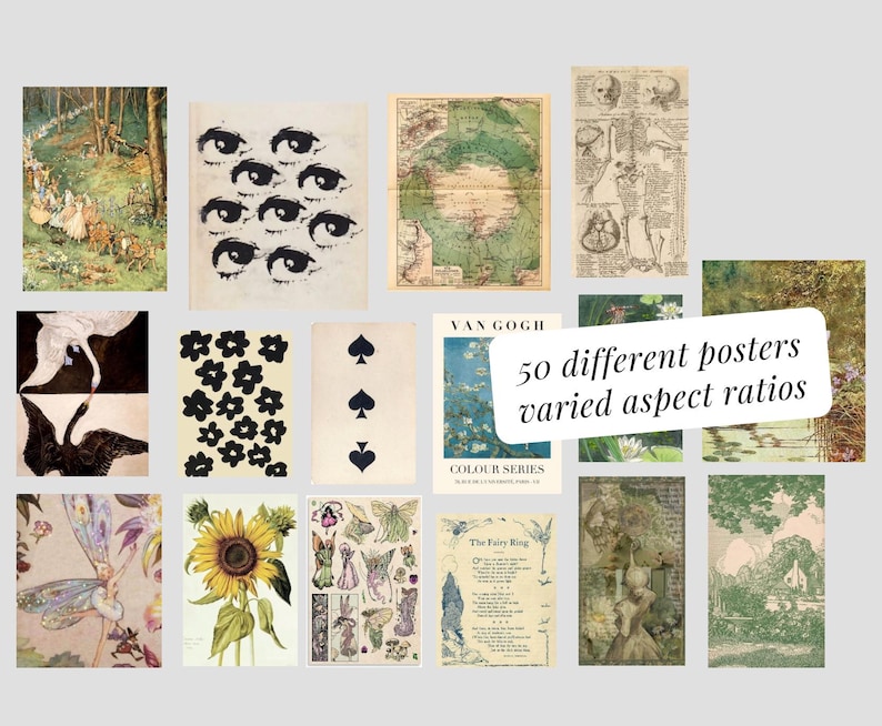 50 PCS Fairycore Wall Collage Kit, Grunge, Vintage, Nature, Art Deco ...
