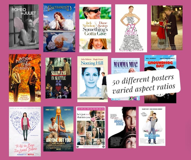 50 PCS Rom Com Wall Collage Kit: Y2k, Pink, Classic Movies, Printable ...