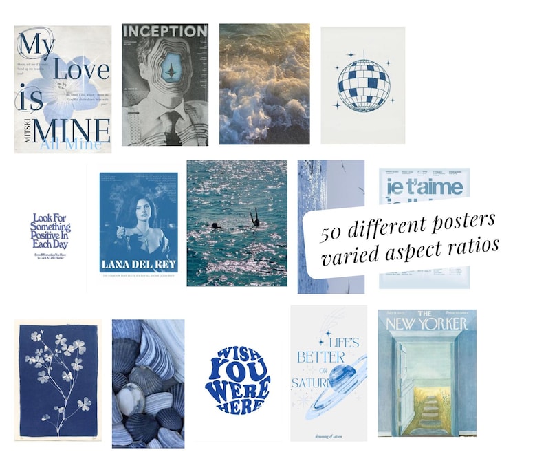 50 PCS Blue Ocean Wall Collage Kit, Costal Grandmother, Light Blue, Sea ...