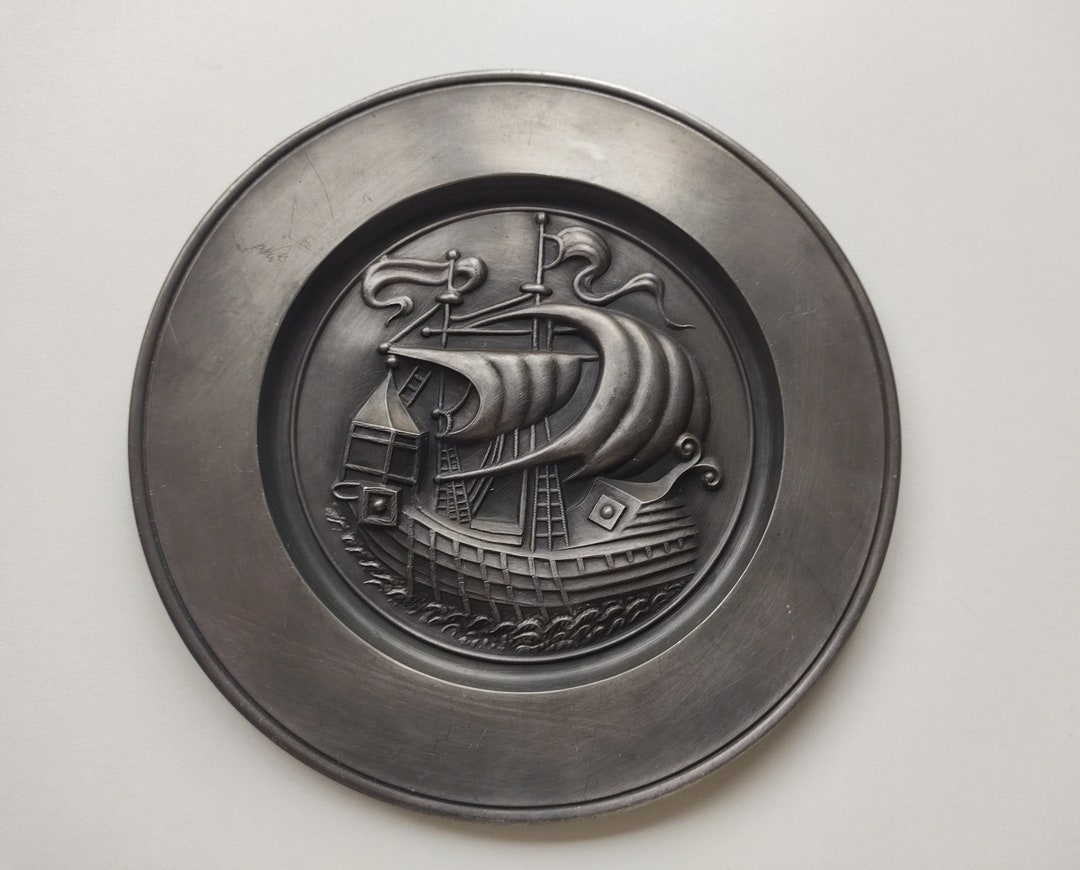Rare Wall Hanging PLATE Pewter Boat Ship Karavela Sailing Ship Decor ...