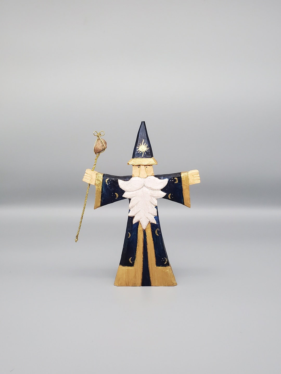 Hand Carved Wood Folk Art Wizard With Stone and Staff - Etsy