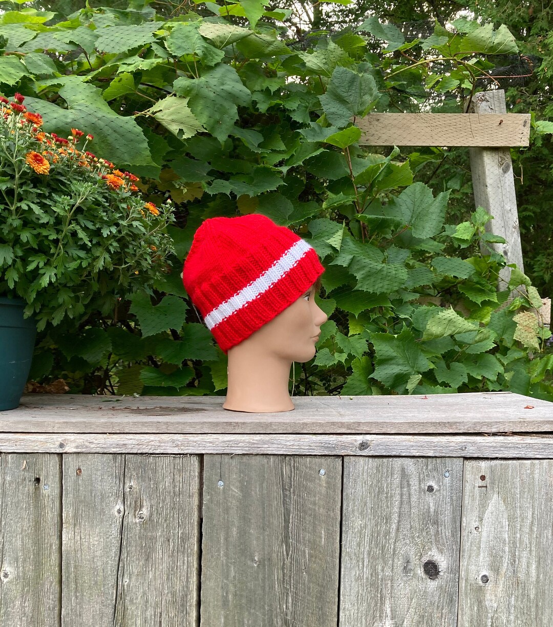 Red and White Stripped Winter Toque, Handknit Red Adult Hat, Homemade ...