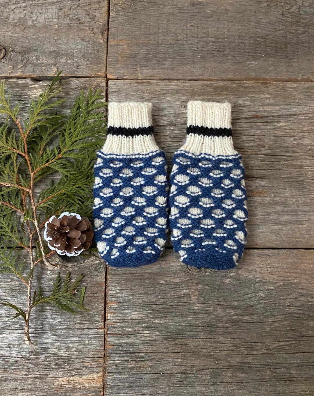 Navy Blue Honeycomb Wool Mittens, Handknit Youth Size, Homemade Wool ...