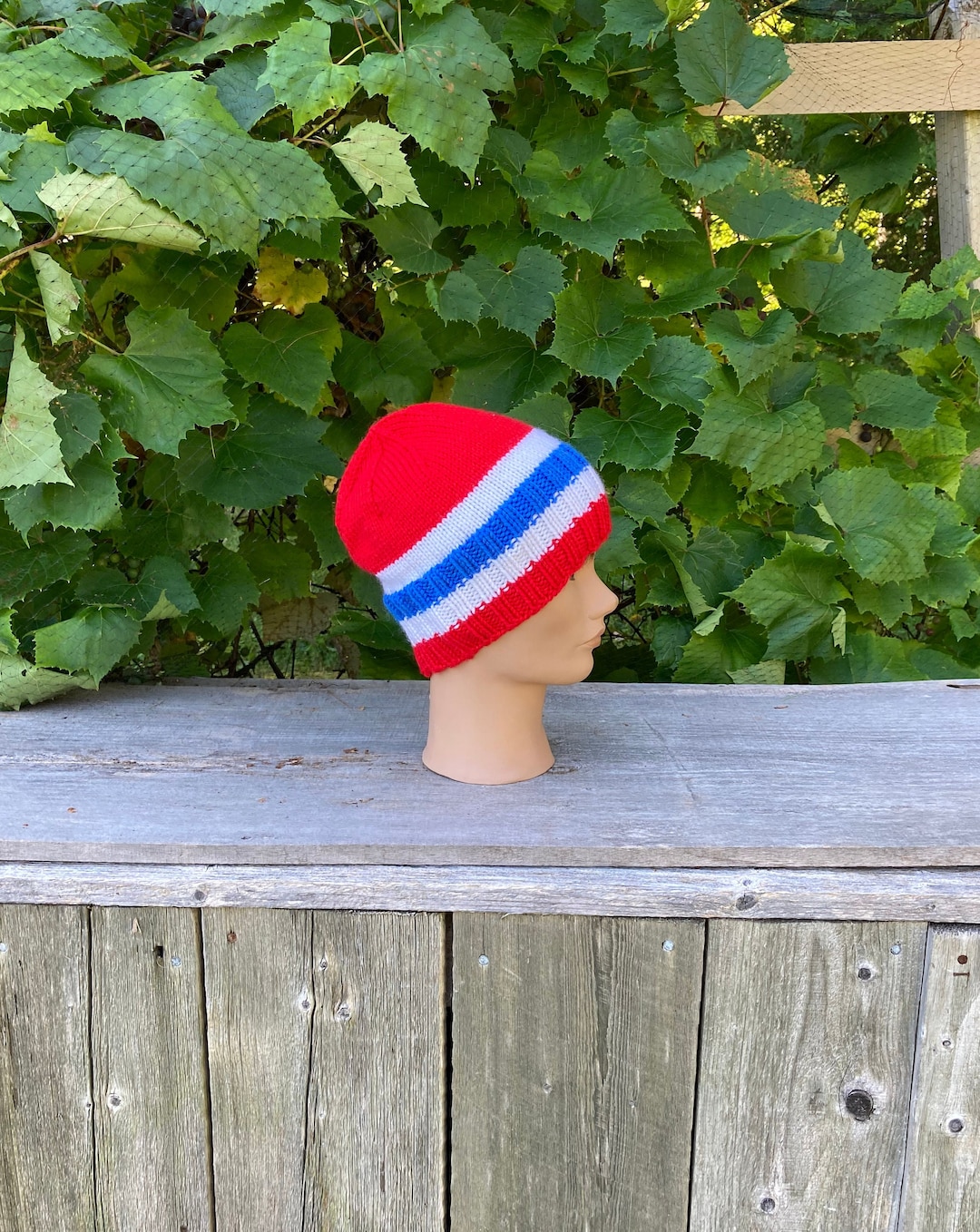 Red White and Blue Winter Toque, Handknit Wool Winter Toque, Homemade ...