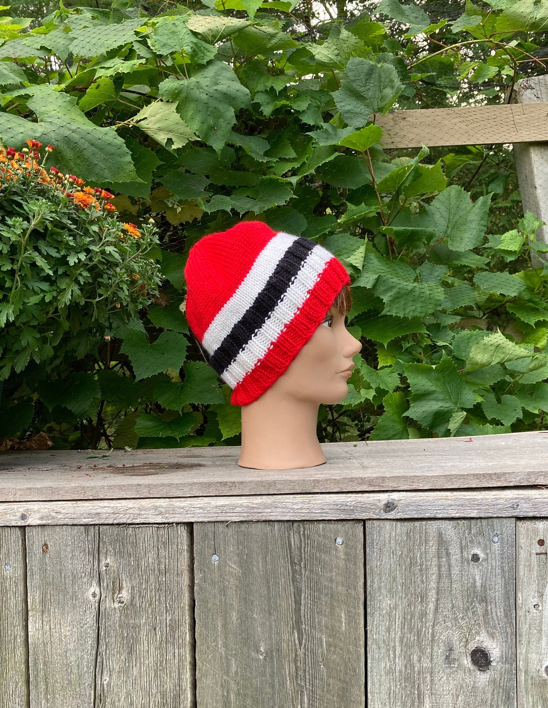 Hockey Style Winter Toque, Handknit Red White and Blue Adult Toque ...