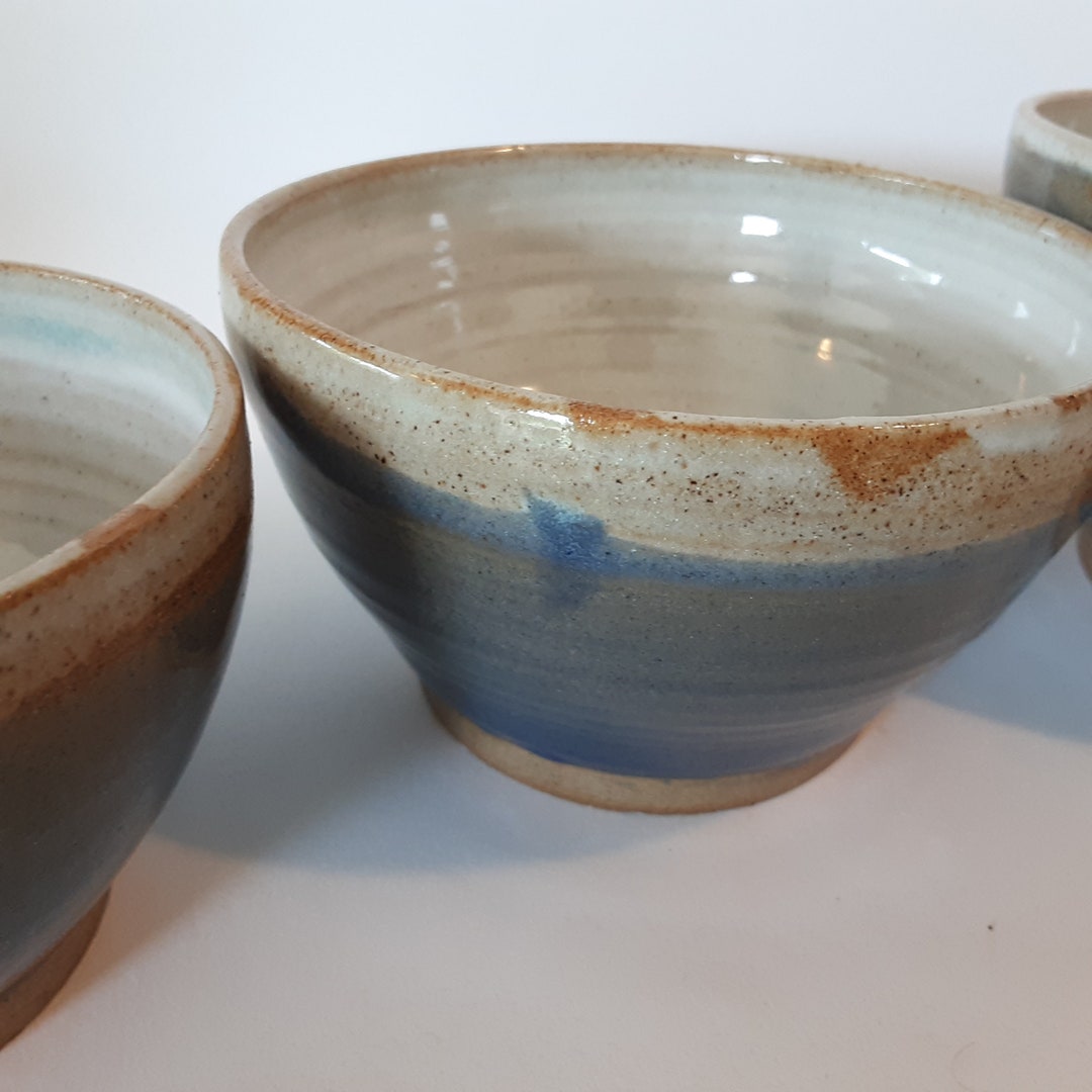 Thrown Pottery Set of 3 Blue Nesting Breakfast Bowls, Tapas Bowls ...