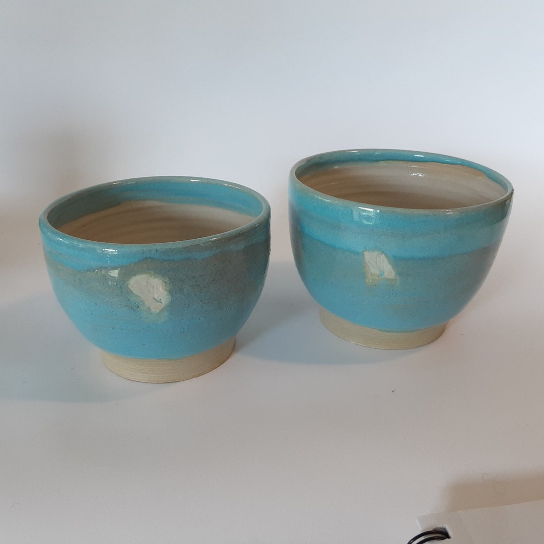 Thrown Pottery Set of 2 Turquoise Breakfast Bowls, Tapas Bowls, Noodle ...