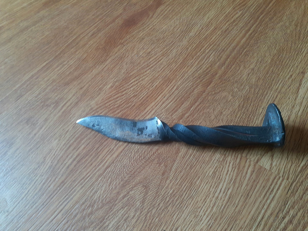 Hand Forged Railroad Spike Knife With Swept Point Recurve Blade and Top ...
