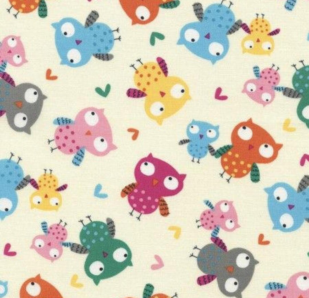 Pastel Colored Owls and Chicks on Ivory Cream Cotton Print Fabric ...