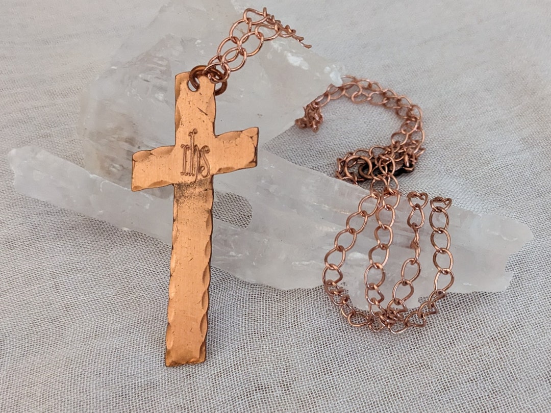 Copper Cross Pendant / Pendant, 2" Vintage Engraved IHS on 24-inch ...