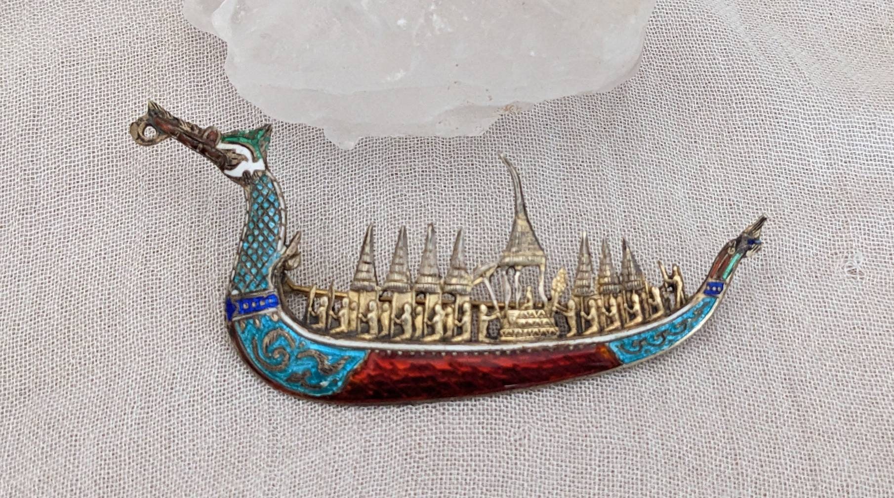 Siam Dragon Boat Pin, Sterling, Enameled in Turquoise, Red, White, Blue ...