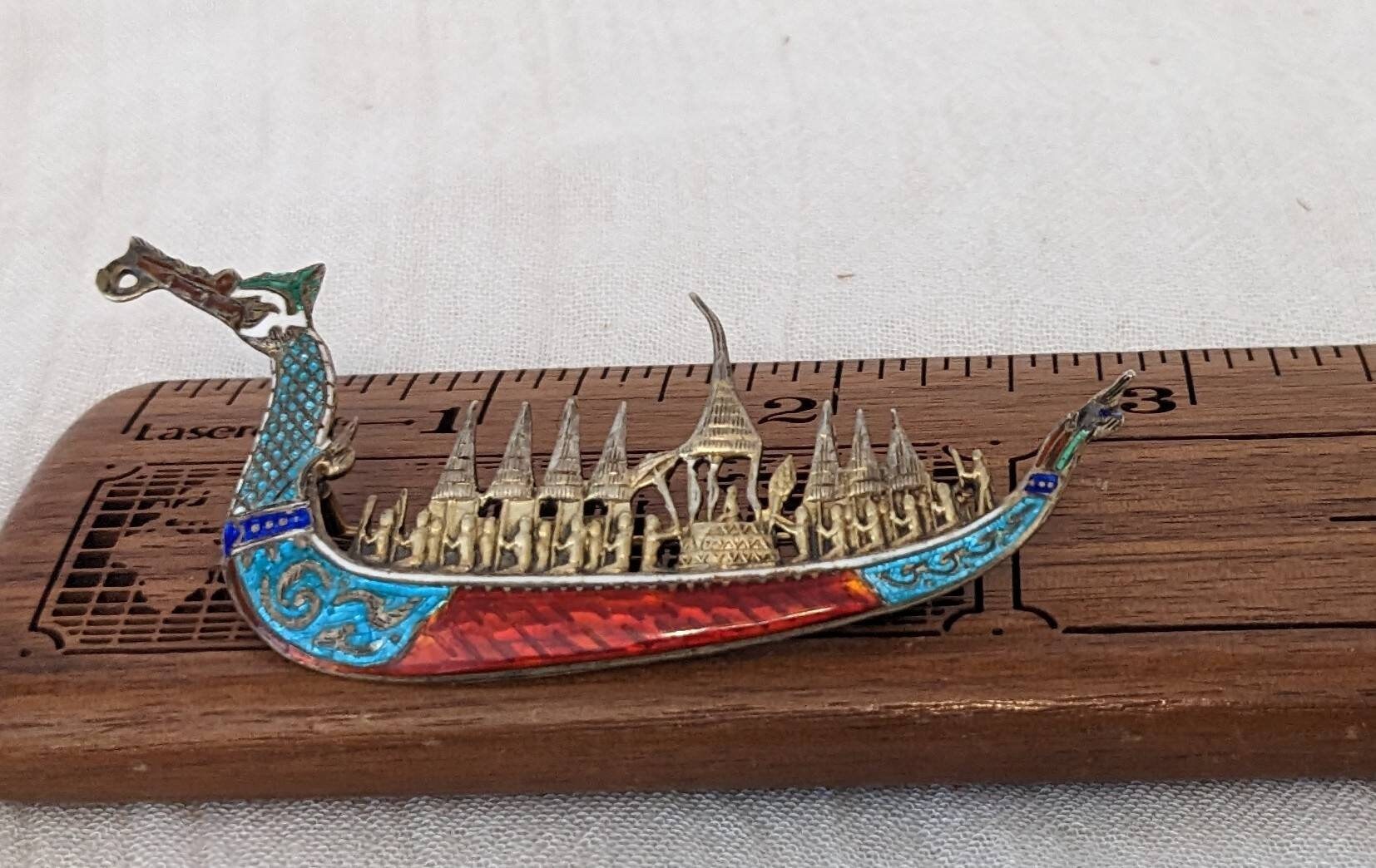 Siam Dragon Boat Pin, Sterling, Enameled in Turquoise, Red, White, Blue ...