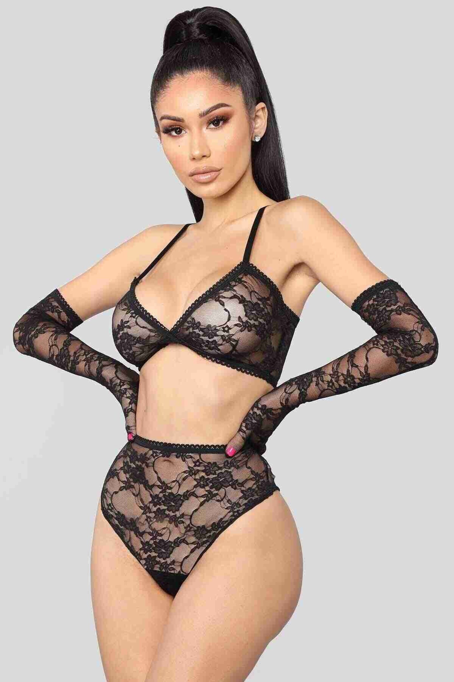 Red Black Lace Lingerie Set With Gloves Etsy