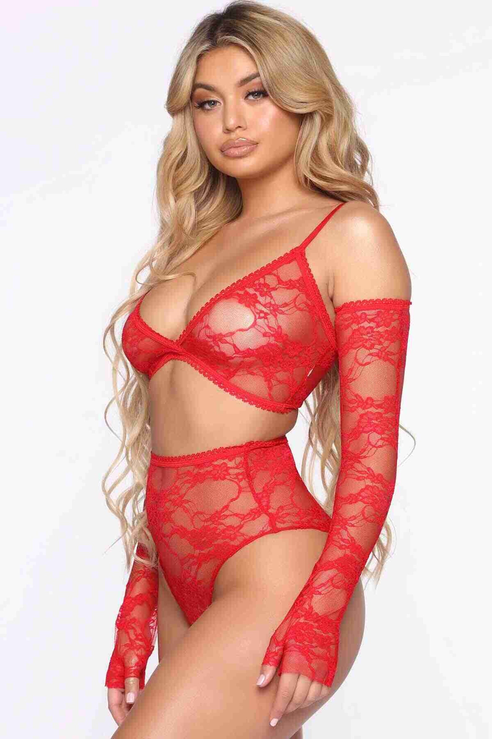 Red Black Lace Lingerie Set With Gloves Etsy