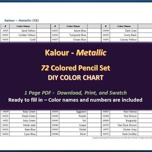 Kalour Metallic- 72 Colored Pencil Set - DIY Color Chart / Swatch Sheet ...