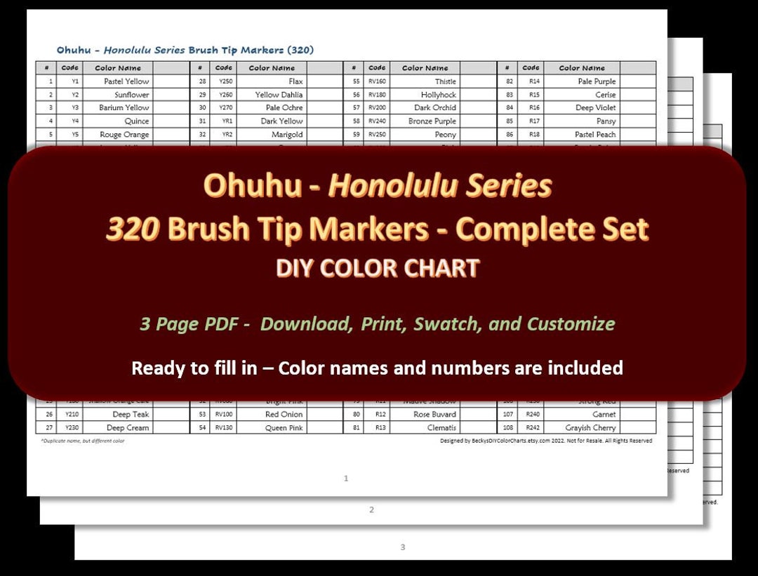 Ohuhu Honolulu Series brush Tip 320 Marker Set DIY Color Chart / Swatch ...
