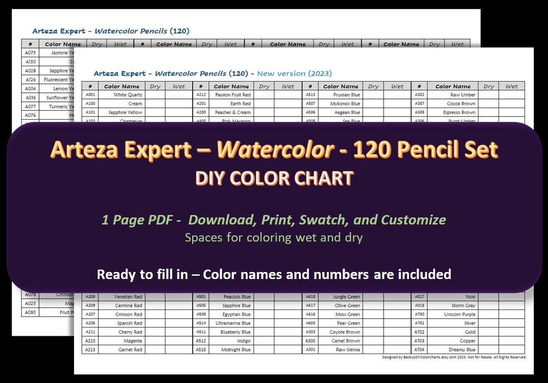 Arteza Expert - Watercolor - 120 Pencil Set - DIY Color Chart / Swatch ...