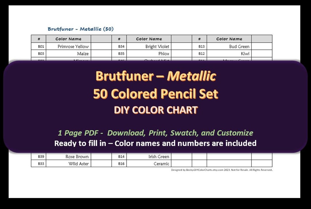 Brutfuner - Metallic 50 Colored Pencil Set - DIY Color Chart / Swatch ...