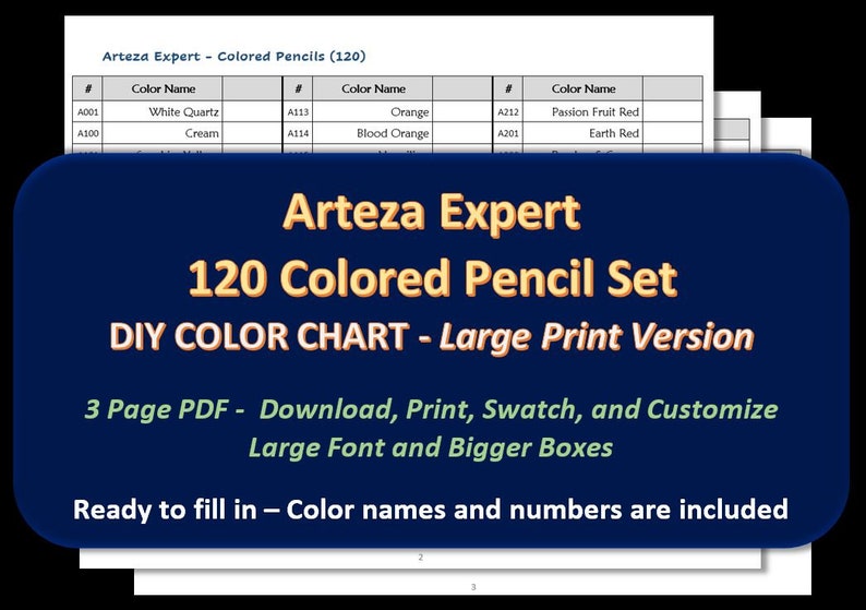 Arteza Expert - LARGE PRINT 120 Colored Pencil Set - DIY Color Chart ...
