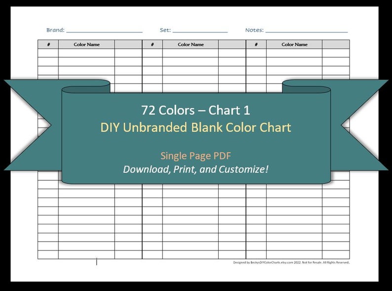 72 Colors - Chart 1 - 1 Page - DIY Blank Color Chart /swatch Sheet ...