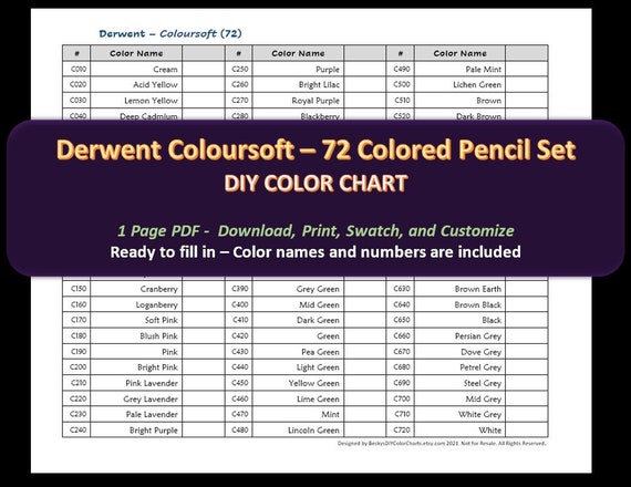 Derwent Coloursoft 72 Colored Pencil Set DIY Color Chart / - Etsy