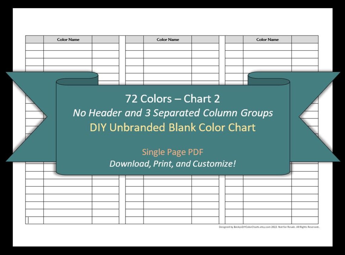 72 Colors - Chart 2 - 1 Page - DIY Blank Color Chart /swatch Sheet ...