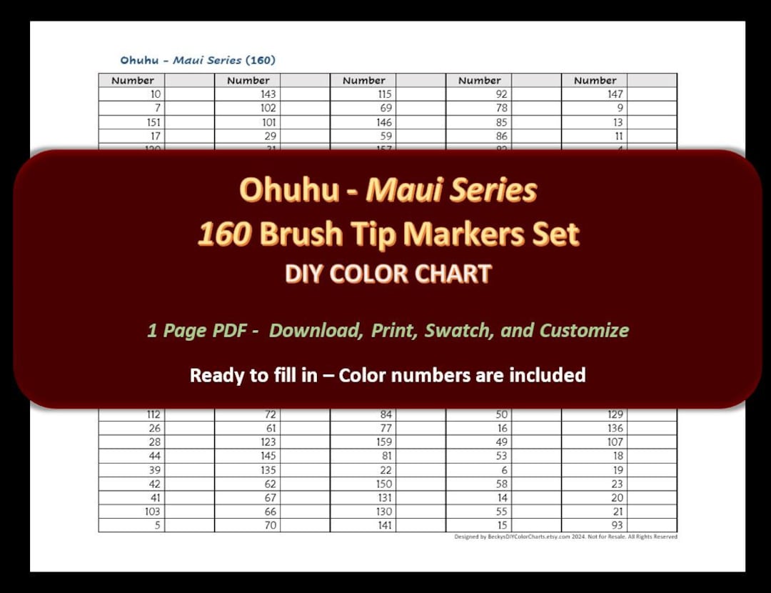 Ohuhu - Maui Series 160 Marker Set - DIY Color Chart / Swatch Sheet ...